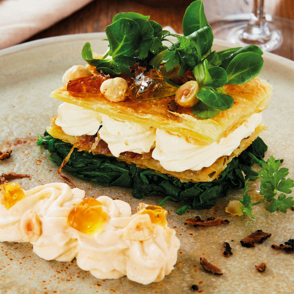 Onion Mille Feuille, Brie Crémeux, Sherry Vinegar and Hazelnuts ...