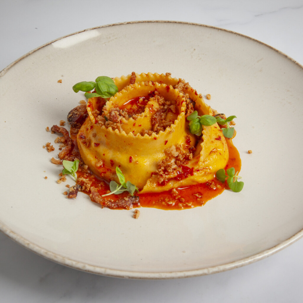 Girella pasta with Galbani Nduja butter sauce Galbani Guanciale crumb ...